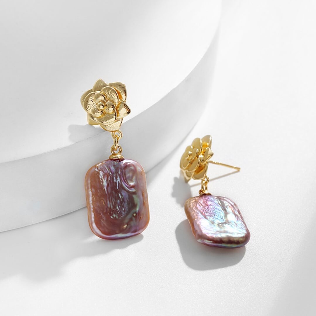 Violet Square Baroque Pearl Earrings | Rozy Jewellery